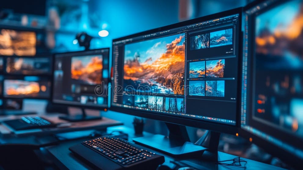 Modern Workstation with Multiple Monitors Editing Video Footage Stock ...