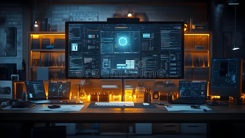 Modern Workstation with Multiple Screens and Code Display - 3D ... Modern Workstation with Multiple Screens and Code Display - 3D ...