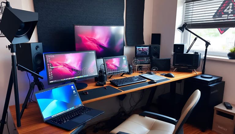 Modern Workstation Setup with Multiple Screens Stock Photo - Image of ...