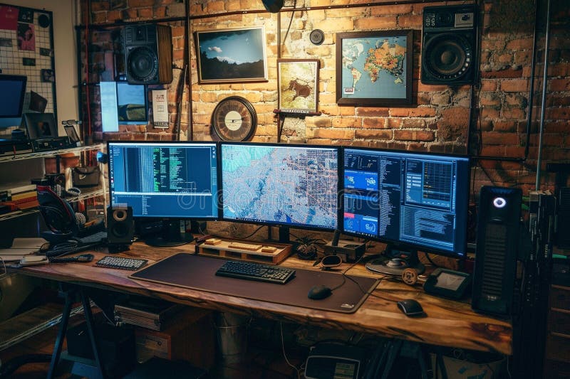 Modern Workstation Setup with Triple Monitors in a Brick Wall Room ...