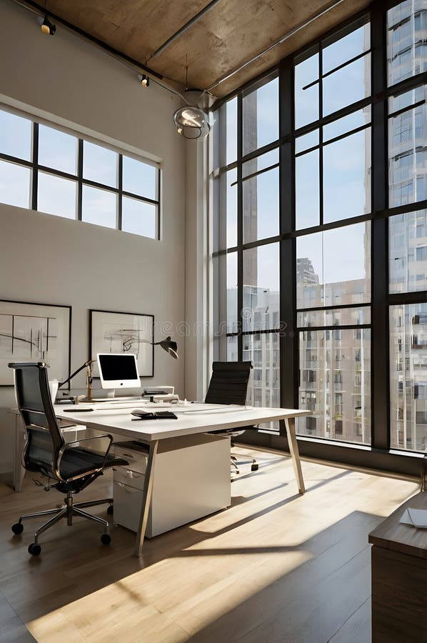 Modern Workstation and Sleek Design with Spacious Sunlit Office Stock ...