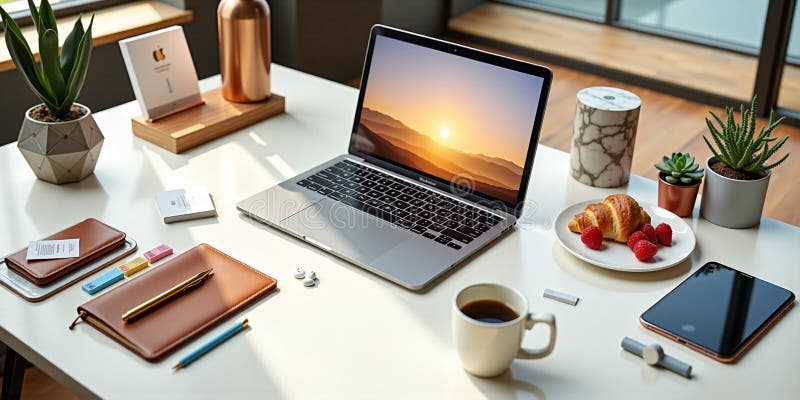 Modern Workstation with Sunset Laptop Wallpaper Stock Image - Image of ...