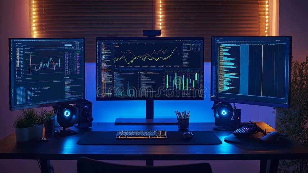 Modern Workstation with Three Monitors Displaying Data Analytics and ...