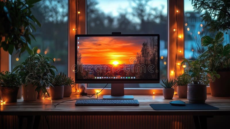 Modern Workstation by Window with Sunset Wallpaper. Plants, Warm Lights ...