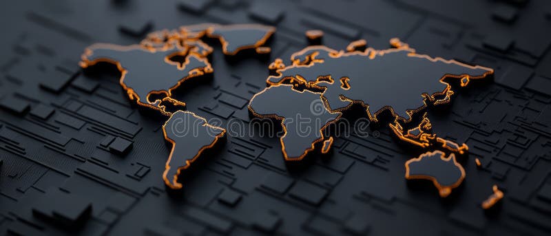 Modern World Map with Orange Outline on High-Tech Black Background for ...