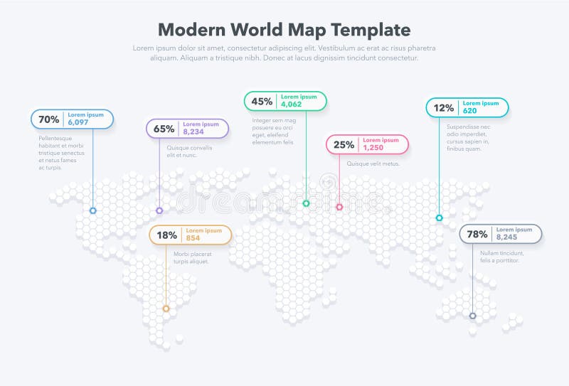 Modern World Map Template with Colorful Pointer Marks and Statistics ...