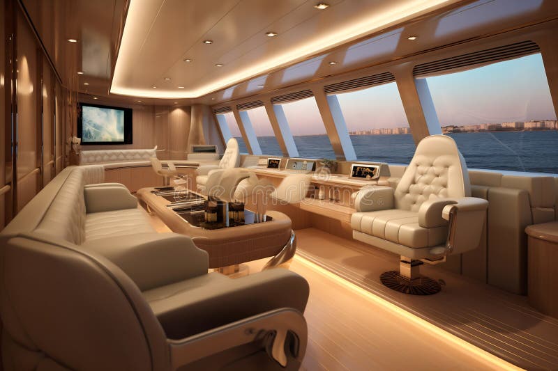 Modern Yacht Interior with Large Windows and Comfortable Seating Stock ...
