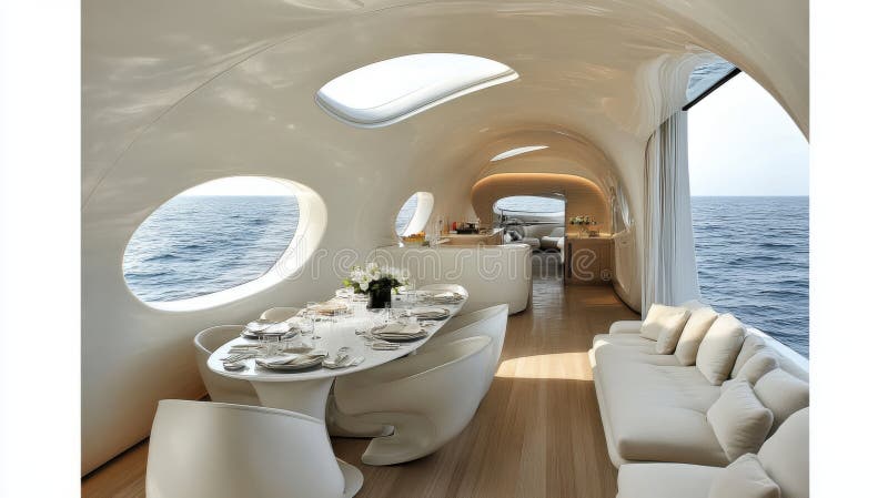 Modern Yacht Interior with White Walls and Ocean View Stock ...