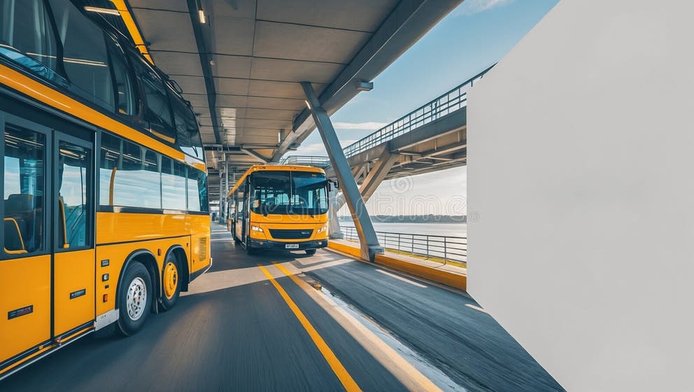 Modern Yellow Buses Parked at Elevated Bridge Terminal Stock ...