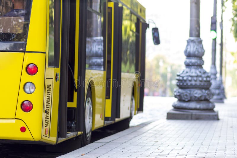 Modern Yellow City Bus with Open Doors at Bus Station Stock Image ...
