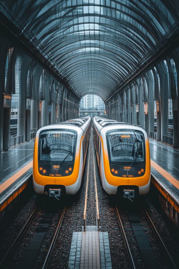 Modern, Yellow Commuter Trains Inside a Glass Train Station with ...