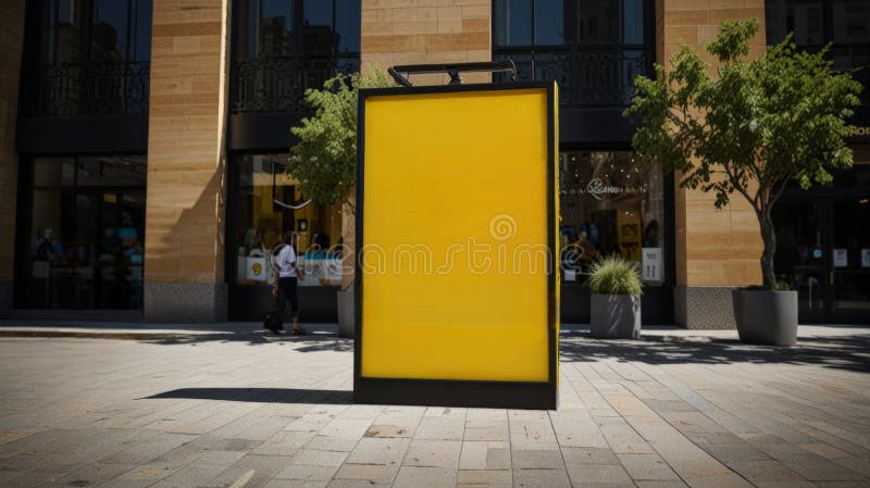 A Modern Yellow Digital Kiosk Stands on a Sidewalk in Front of a Brick ...