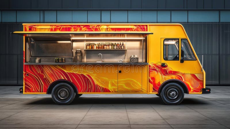 Modern Yellow Food Truck with Red and Yellow Design Stock Illustration ...