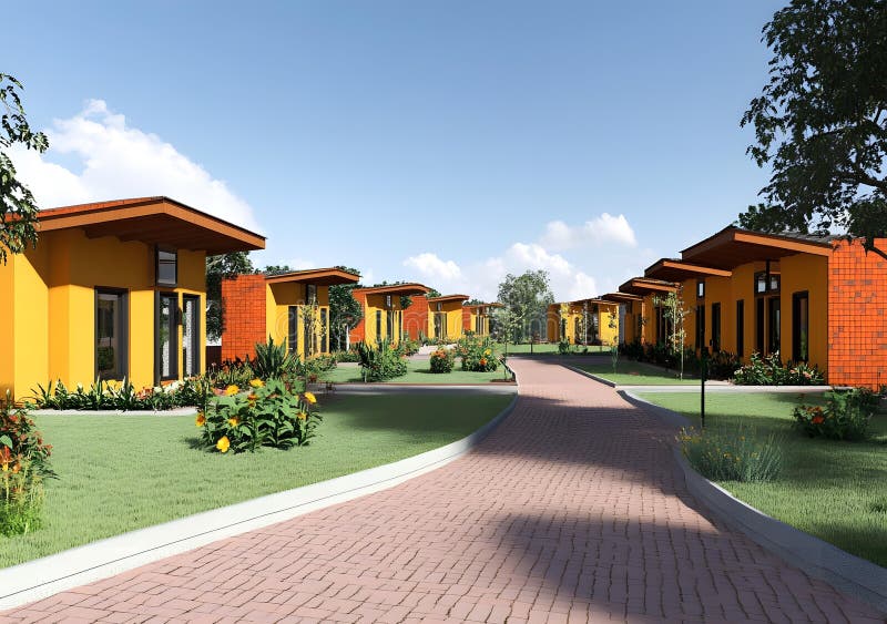 Modern Yellow Houses with Brick Facade and Curved Pathway Generated ...