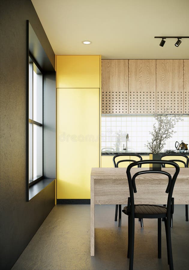 Modern Yellow Kitchen and Dining Room Interior Design Stock ...