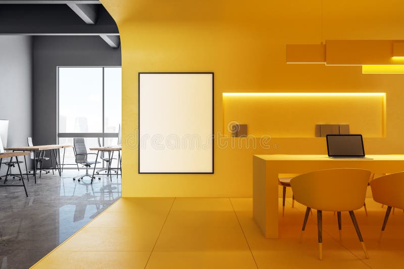 Modern Yellow Kitchen with Poster Stock Illustration - Illustration of ...