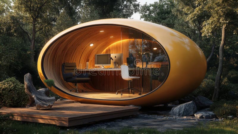 Modern Yellow Oval Office Pod in Forest Setting Stock Illustration ...