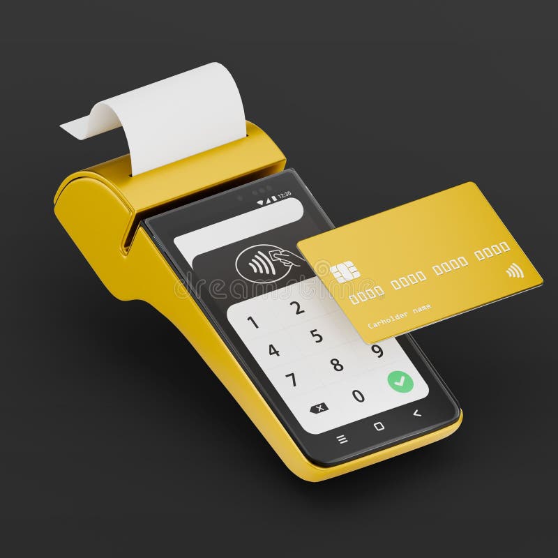 Yellow POS Terminal with Contactless Card Stock Image - Image of ...