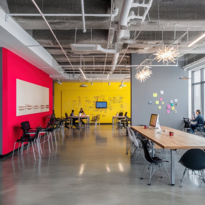 Modern Yellow and Red Office Space Stock Illustration - Illustration of ...