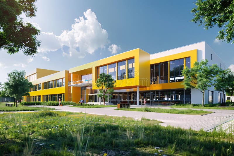 Modern Yellow School Building with Grass and Sky Stock Illustration ...