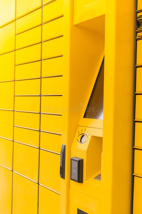 Modern Yellow Shopping Locker. Bar Code Reader for Skans QR Code on ...