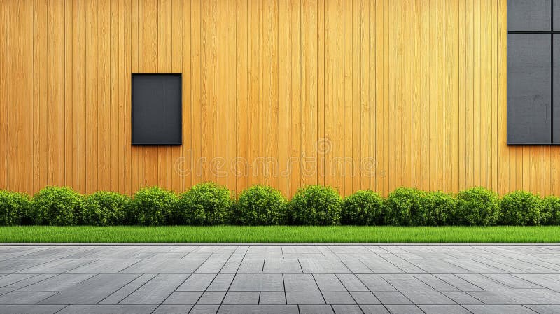 Modern Yellow Wood Wall with Green Shrubs and Grey Pavement Stock ...