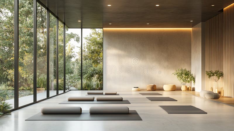 A Modern Yoga Studio with Mats, Bolsters, and Natural Light Streaming ...