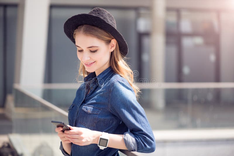 Modern Young Woman Using Technologies Stock Photo - Image of cellphone ...