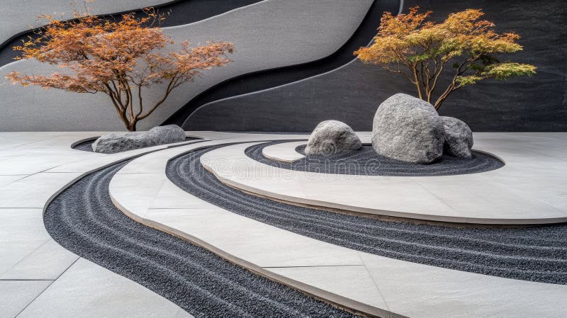 Modern Zen Garden with Abstract Wall, Gravel Pathways, and Small Trees ...