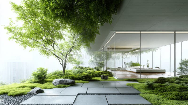 Modern Zen Garden Design with Green Trees and Stone Paths Stock ...