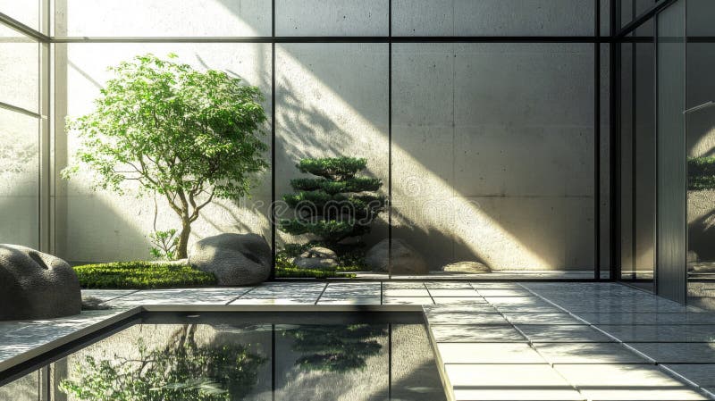 Modern Zen Garden Interior with Sunlight and Plants Stock Illustration ...