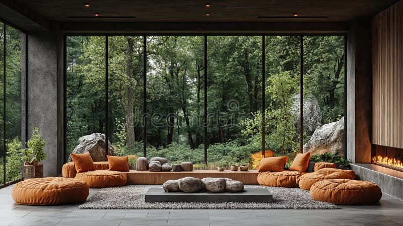 Modern Zen Living Room with Expansive Forest Views Stock Illustration ...