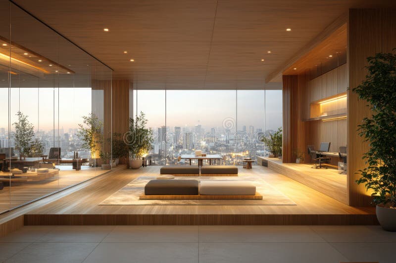 Modern Zen Office Stunning City View Minimalist Design Stock ...