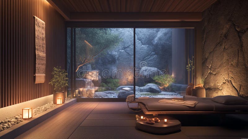 Modern Zen Room with Waterfall View Stock Illustration - Illustration ...
