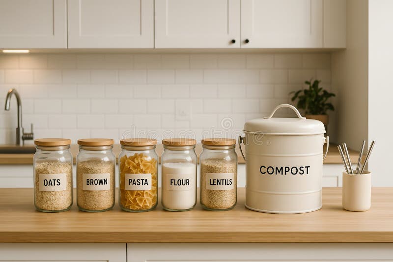 Modern Zero Waste Kitchen with Labeled Food Storage Jars, Compost Bin ...