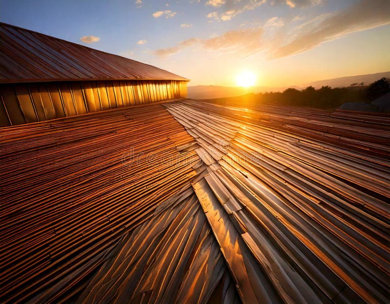 Modern Zinc Cladding with Linear Patterns and Reflective Golden Hour ...