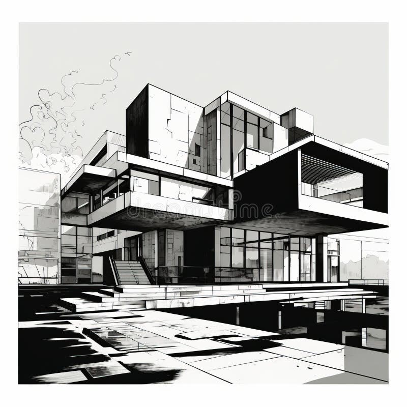 Modernism Vector: Detailed Architecture Sketch in Blocky Digital ...