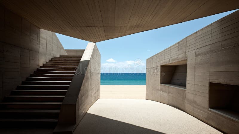 Modernist Concrete Structure with Geometric Shadows Overlooking a Calm ...