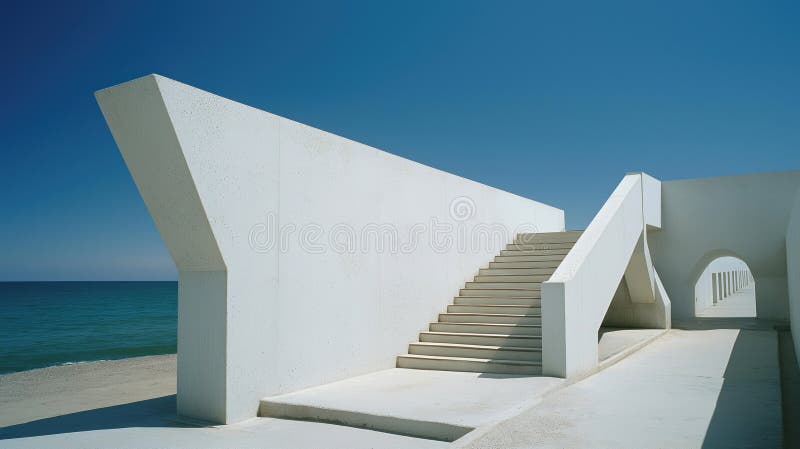 Modernist Concrete Structure with Geometric Shadows Overlooking a Calm ...