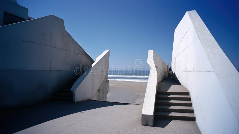 Modernist Concrete Structure with Geometric Shadows Overlooking a Calm ...