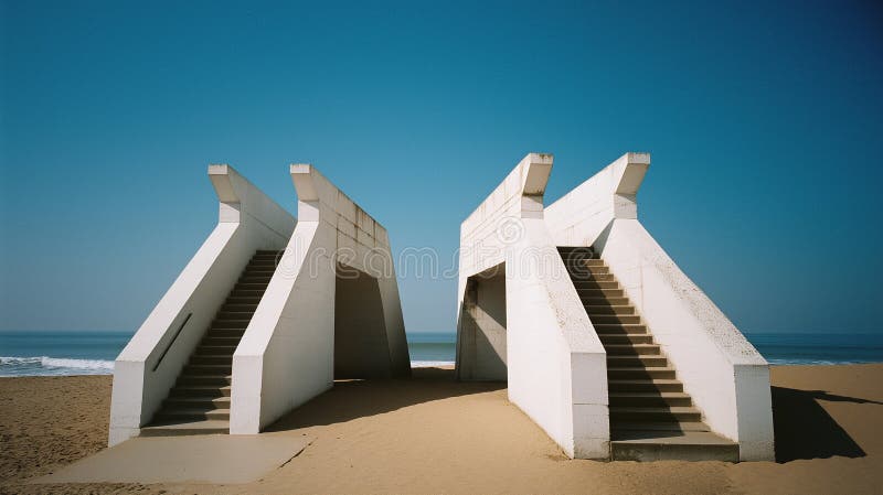 Modernist Concrete Structure with Geometric Shadows Overlooking a Calm ...