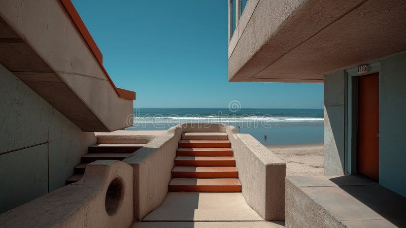 Modernist Concrete Structure with Geometric Shadows Overlooking a Calm ...