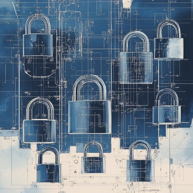 Modernist Padlock Skyscrapers Intricately Linked on Technical Blueprint ...