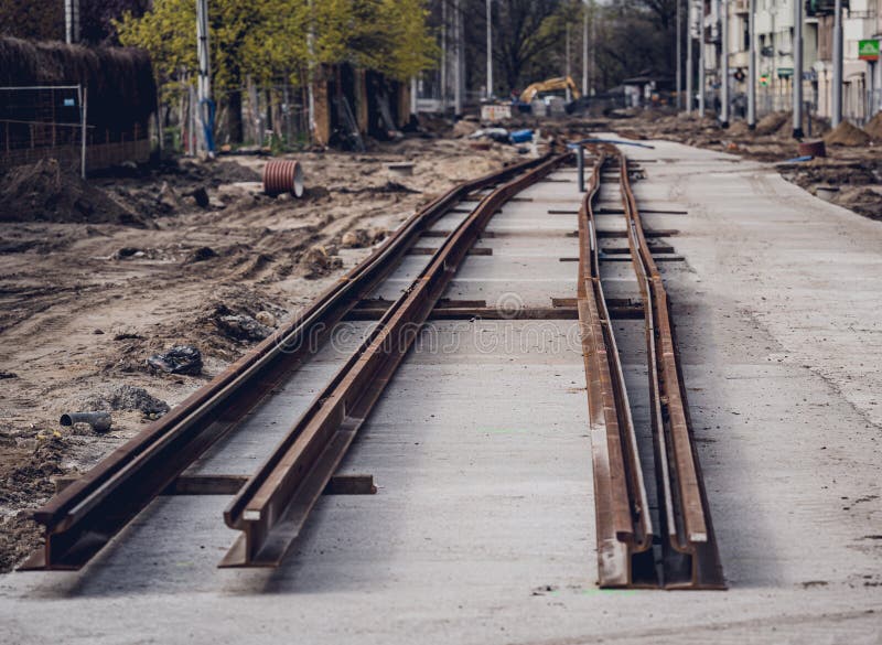Modernization of Old Tram Tracks on Urban Construction Stock Image ...
