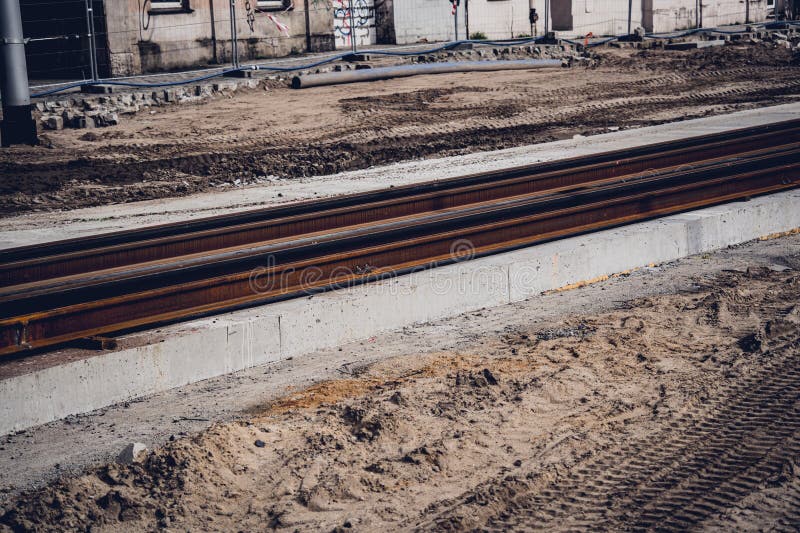 Modernization of Old Tram Tracks on Urban Construction Stock Photo ...