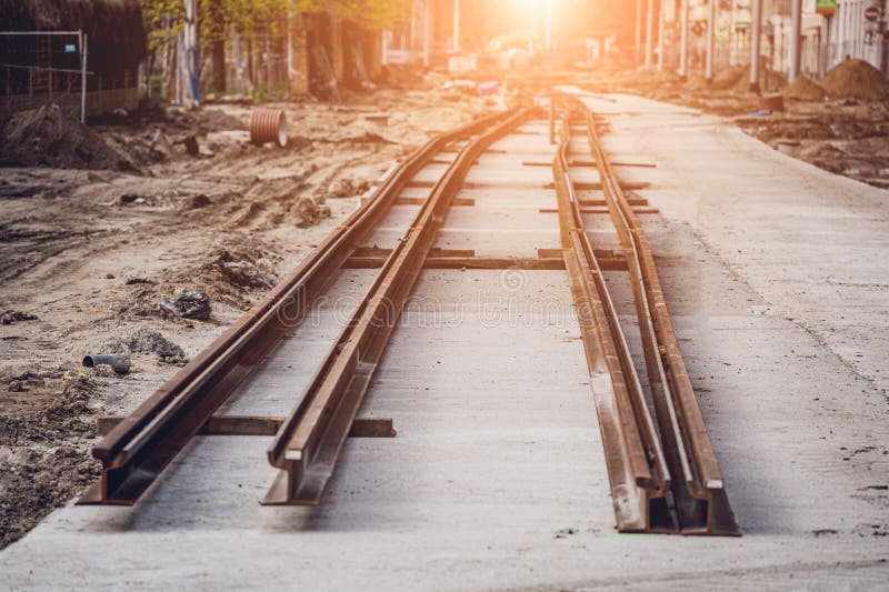 Modernization of Old Tram Tracks on Urban Construction Stock Image ...