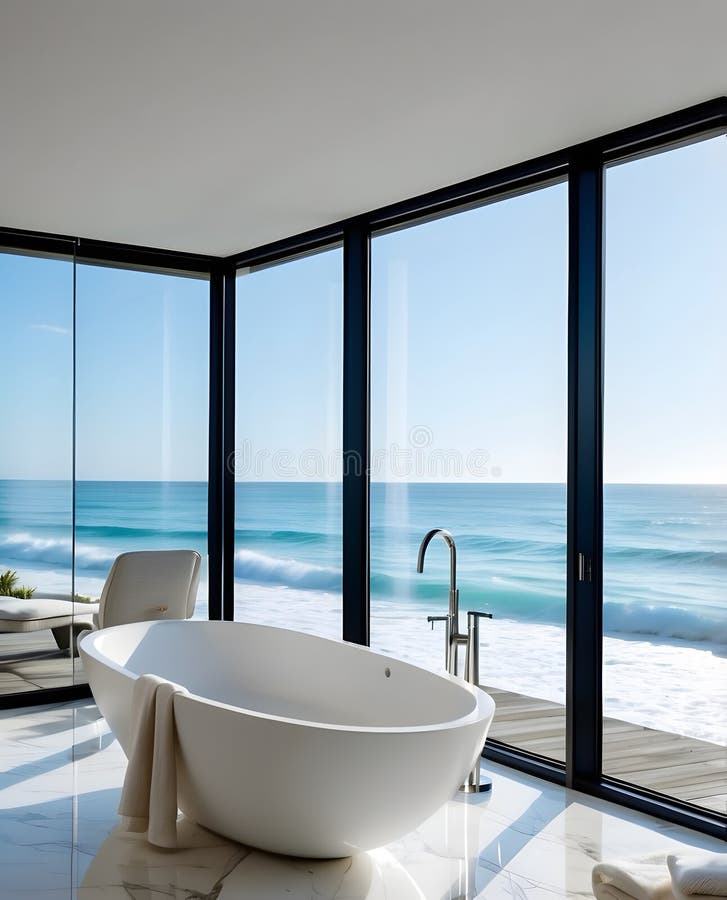 A Modernized Bathroom with Ocean View Stock Photo - Image of ocean ...