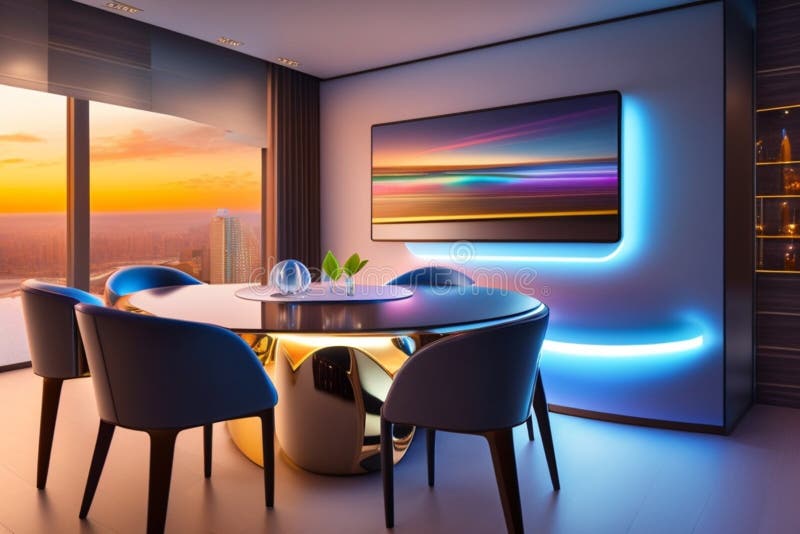 A Modernized Living Room with a Round Dining Table at Its Centre in ...