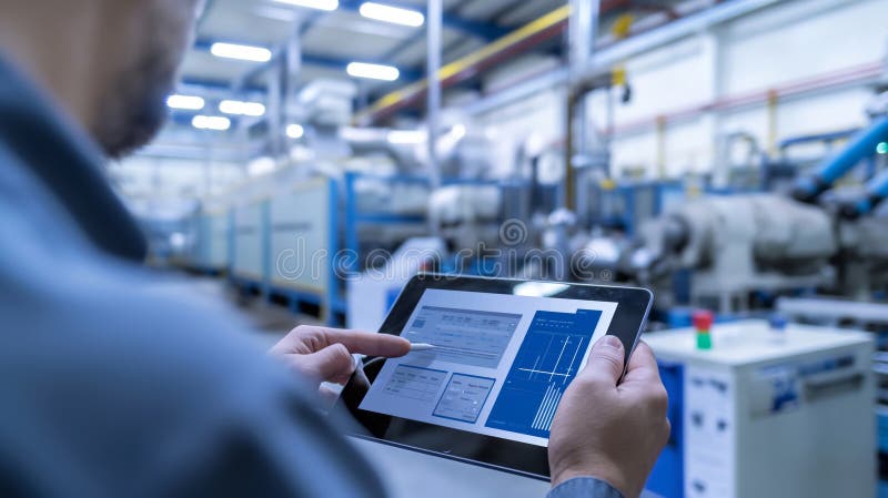 Modernizing Manufacturing. a Man Operates a Digital Tablet in a ...