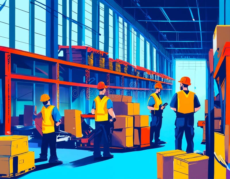 Modernly Designed and Equipped Warehouse with Workers during a Workday ...